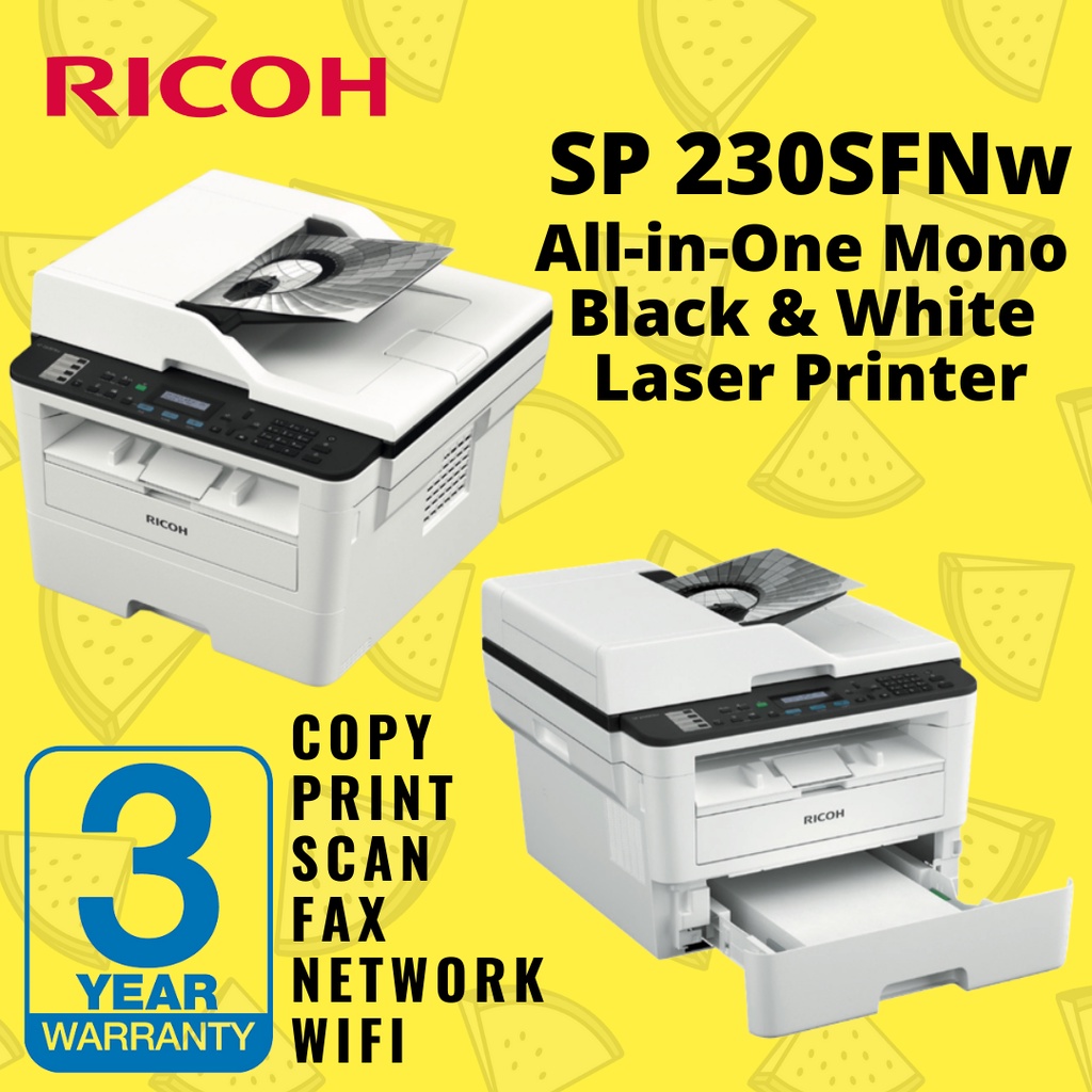 Ricoh SP 230SFNw All-in-One Mono Black & White Laser Printer (Copy, Print, Scan, Fax, Network ...