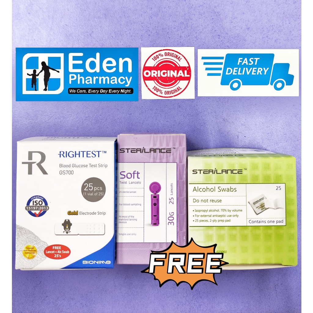 BIONIME RIGHTEST GS700 BLOOD GLUCOSE TEST STRIPS ( 25'S ) FREE LANCETS ...