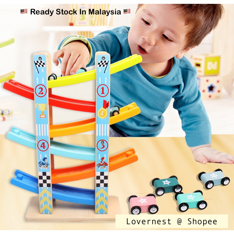 Children WOODEN GLIDING CAR TOY Toddler Toys Race Car Track Zig Zag Car Slide - 4 or 6 Ramps 4 ...