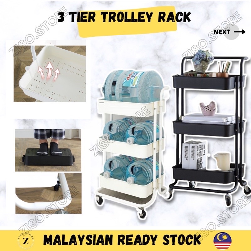 3 Tier Trolley Storage Rack with Plastic Wheels for Office Home Kitchen ...
