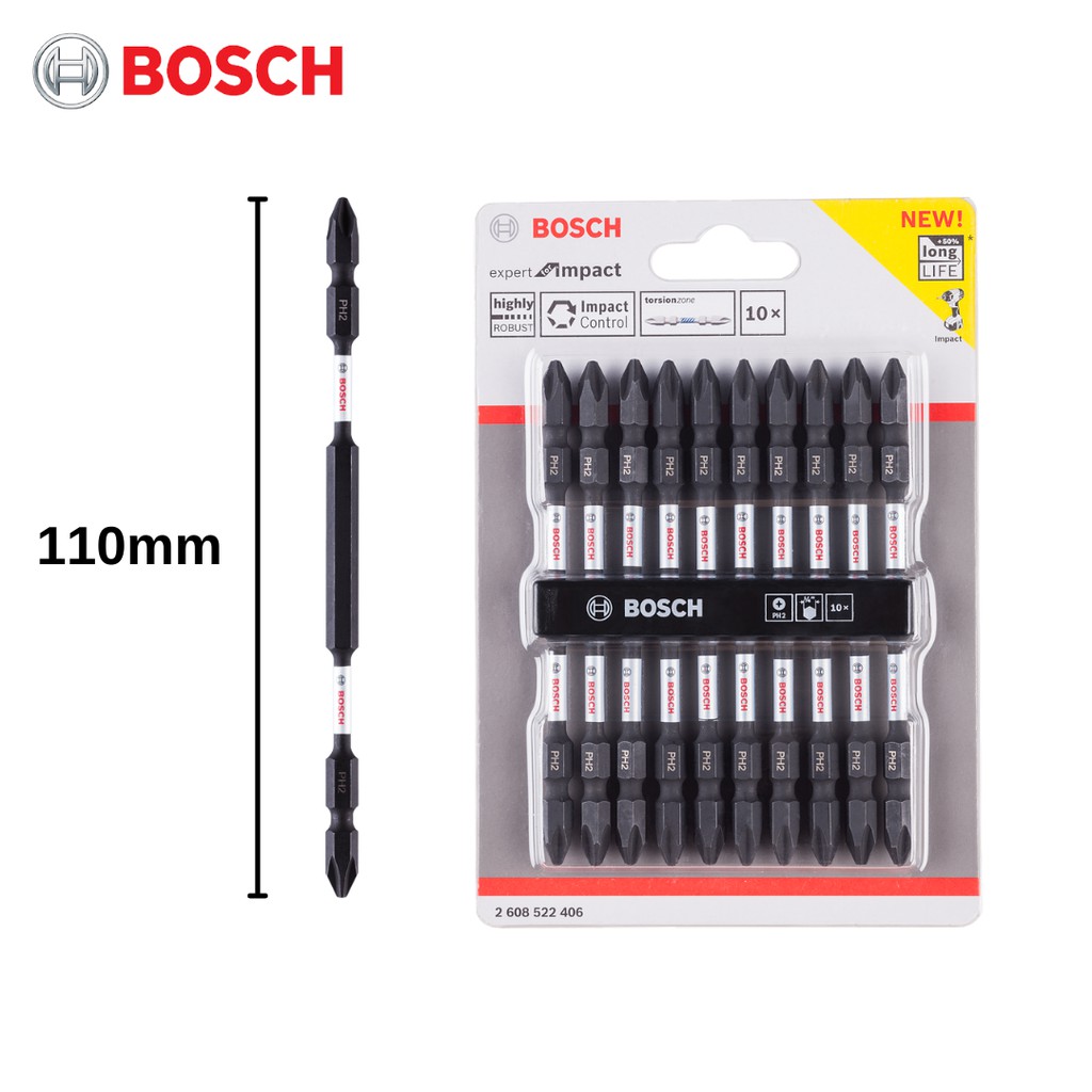 BOSCH 10 Pcs Impact Gold Grey Magnetised Screwdriver Bit PH2 65mm 110mm ...