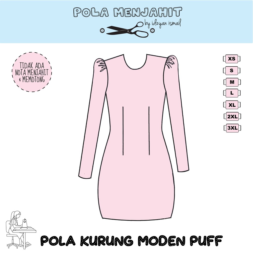 POLA KURUNG MODEN LENGAN PUFF | POLA BAJU KURUNG MODEN PUFF | POLA BAJU ...