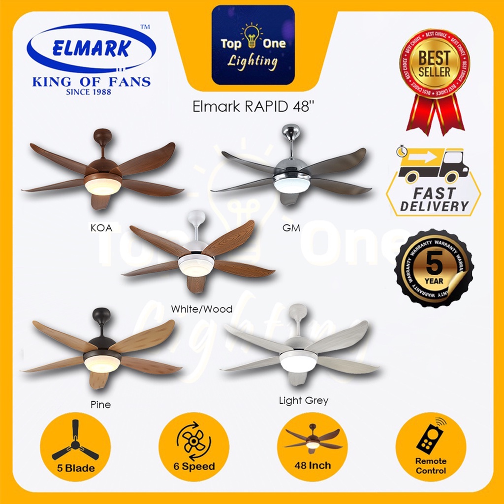 Elmark RAPID 48" DC Motor Remote Ceiling Fan With 24W 3-Tone LED ...