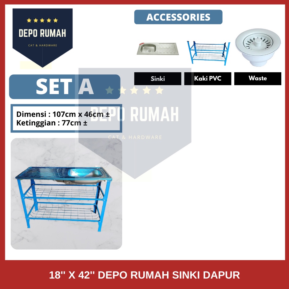 18" x 42" Sinki Dapur Stainless Steel Sink With Sink Stand Complete Set ...