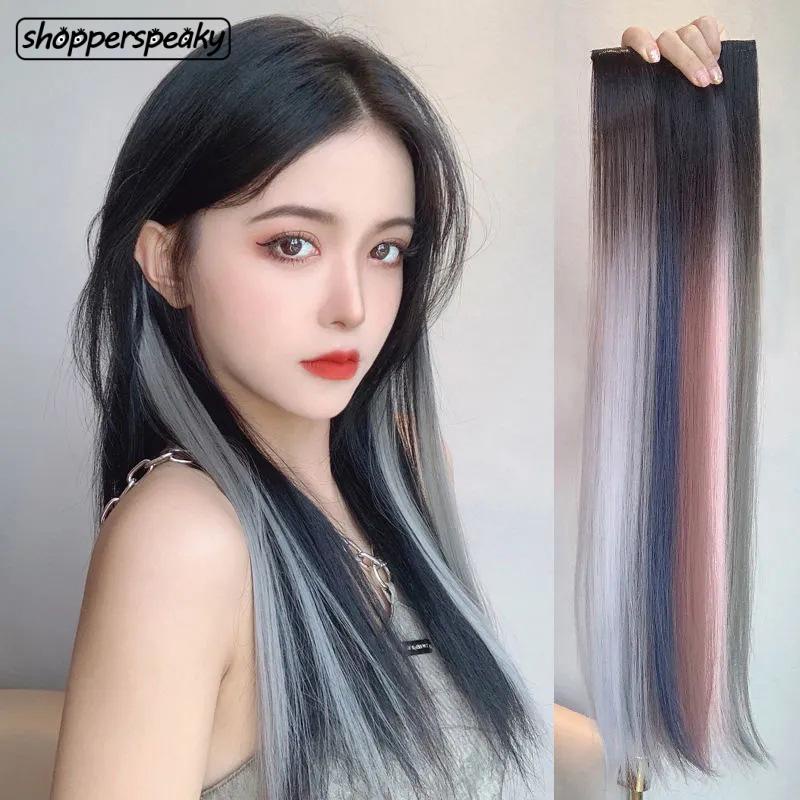 Straight Hair Gradient Female One Piece Color Wig Long Hair Highlight ...