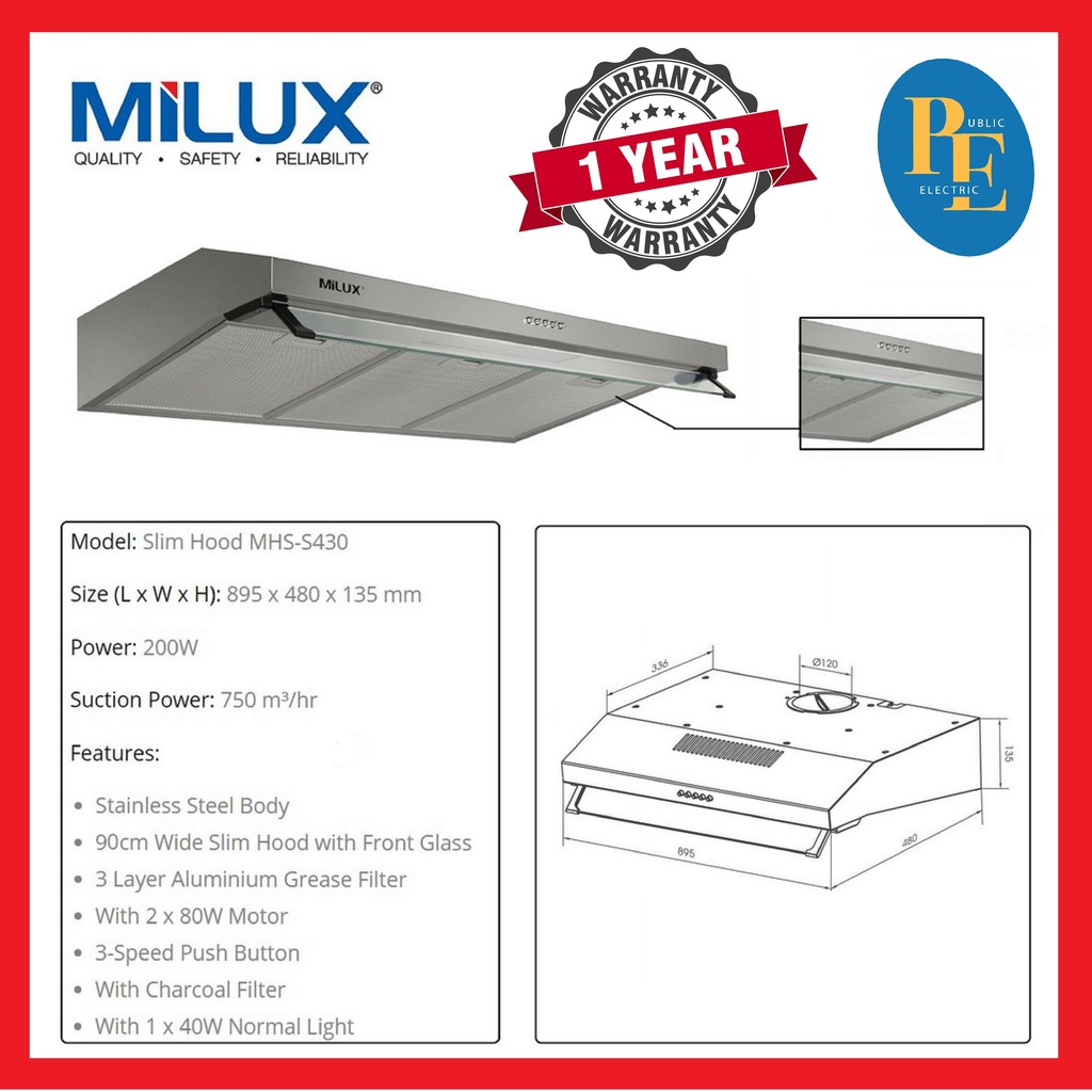 Milux 90cm Slim Cooker Hood With Front Glass - MHS-S430 | Shopee Malaysia