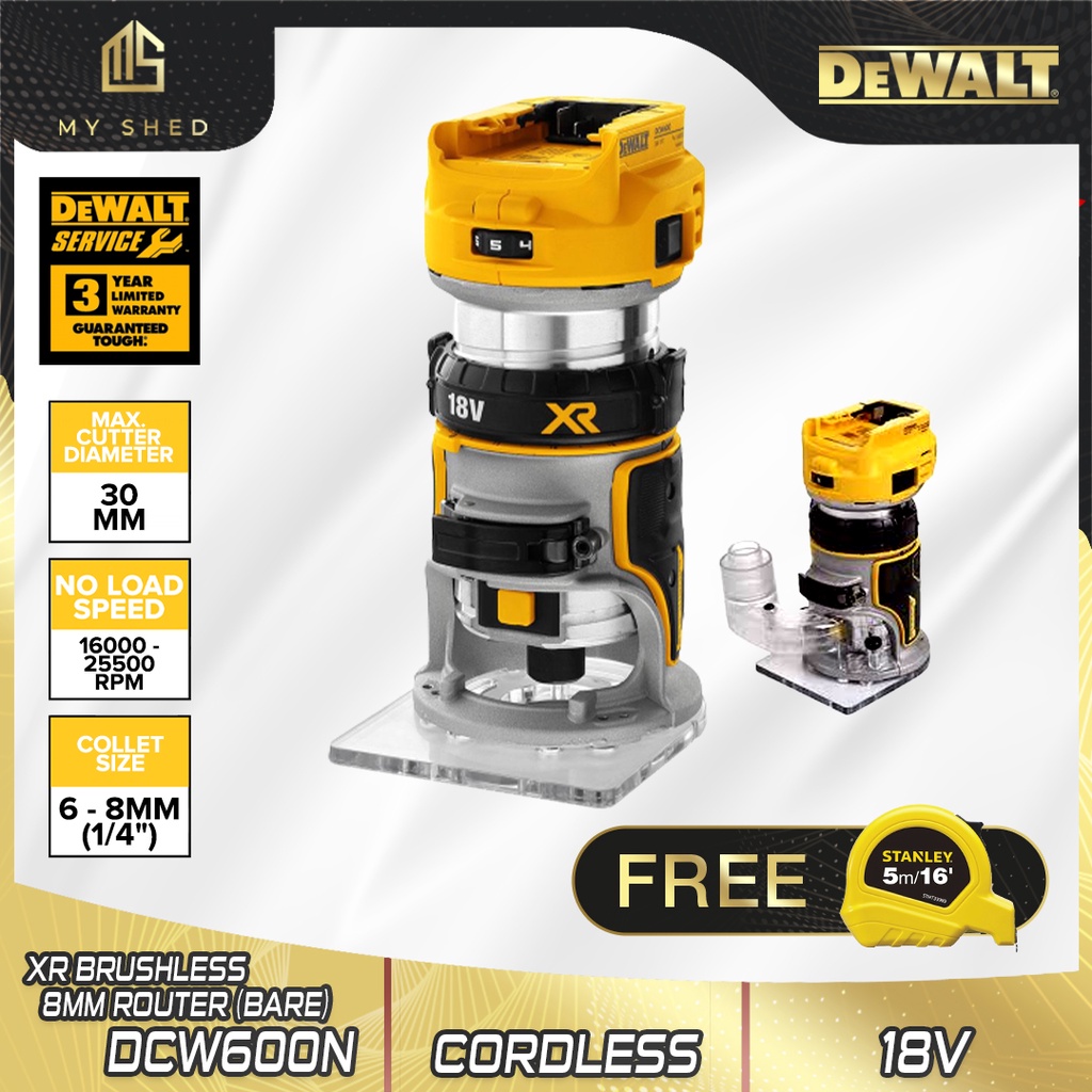 DEWALT DCW600N-XJ BL 8mm Router with Fixed Base 18V (Bare Unit No ...