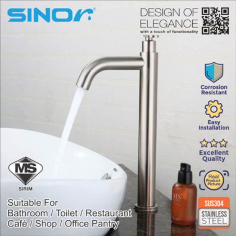 SINOR SS-2016-H SUS304 STAINLESS STEEL RAISED BASIN TAP BATHROOM SINK ...