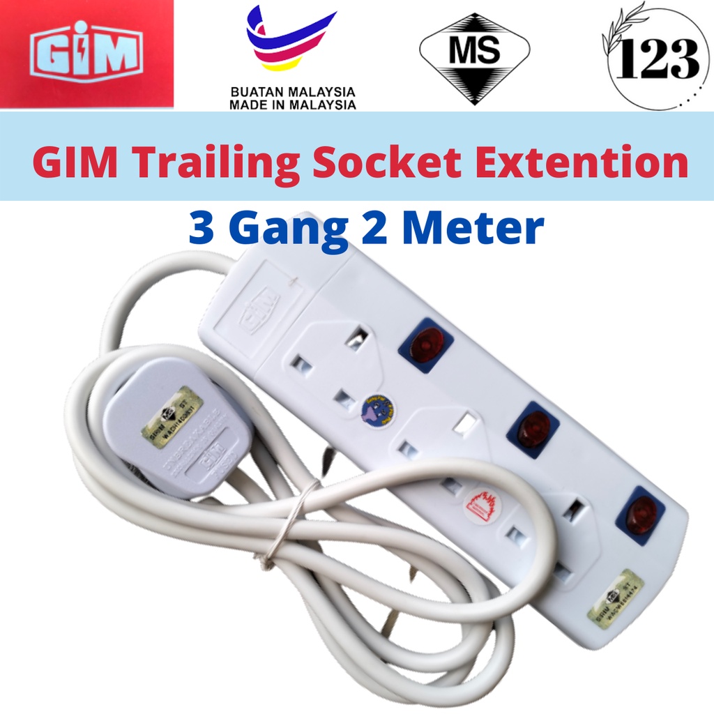 Trailing Socket 3 Gang 2M Extension w Neon Plug Adaptor / Penyambung ...