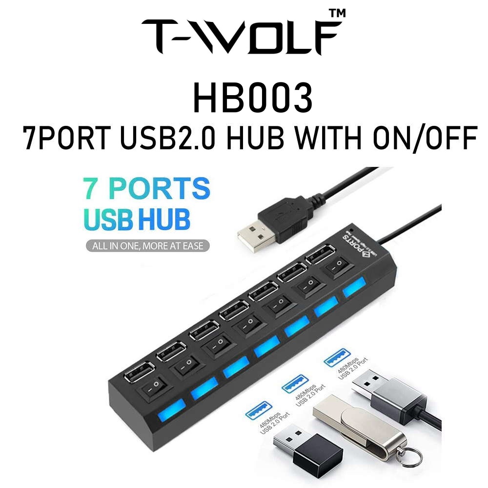 T-WOLF HB003 7PORT USB HUB WITH ON OFF SWITCH. USB2.0 HIGH SPEED HUB ...