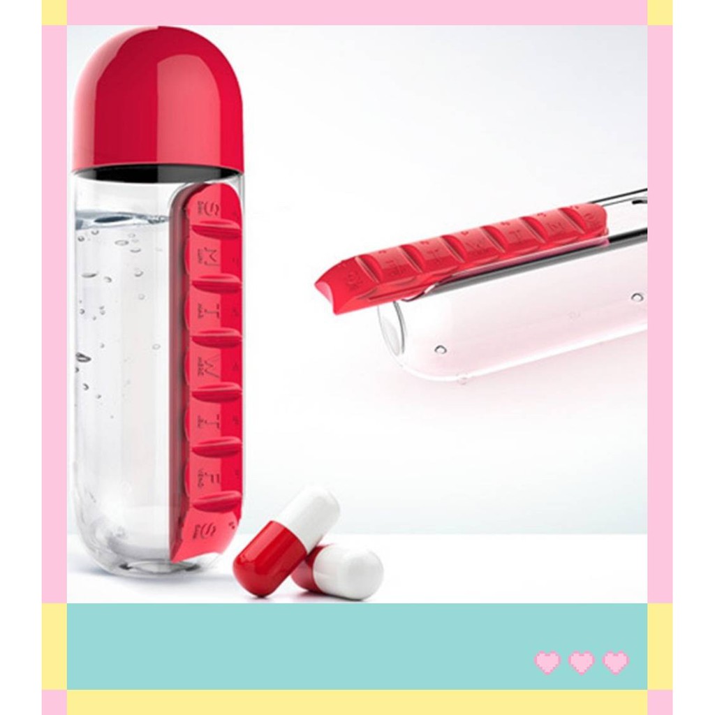 600ml Sport Water Plastic Bottle With 2 in 1 Built in 7 Daily Medicine ...