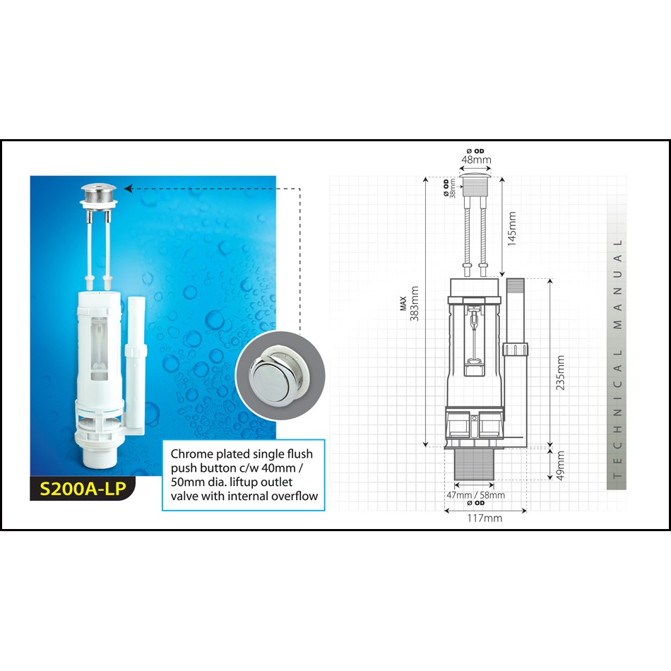 TECHPLAS S200A S/F 40MM/50MM LIFTUP OUTLET VALVE C/W 38MM SINGLE CP PUSH BUTTON + DIY(水箱阀 ...