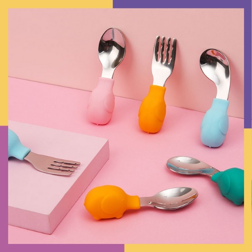 🌈READY STOCK🌈 Utensil Kids Silverware Stainless Steel Baby Spoon and Fork Set Self Feeding ...