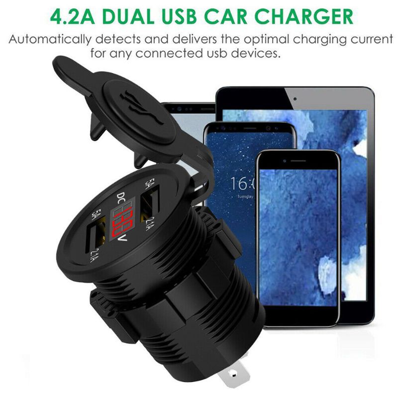 Waterproof dual USB port with voltage display for kenderaan-5V 2.1a ...