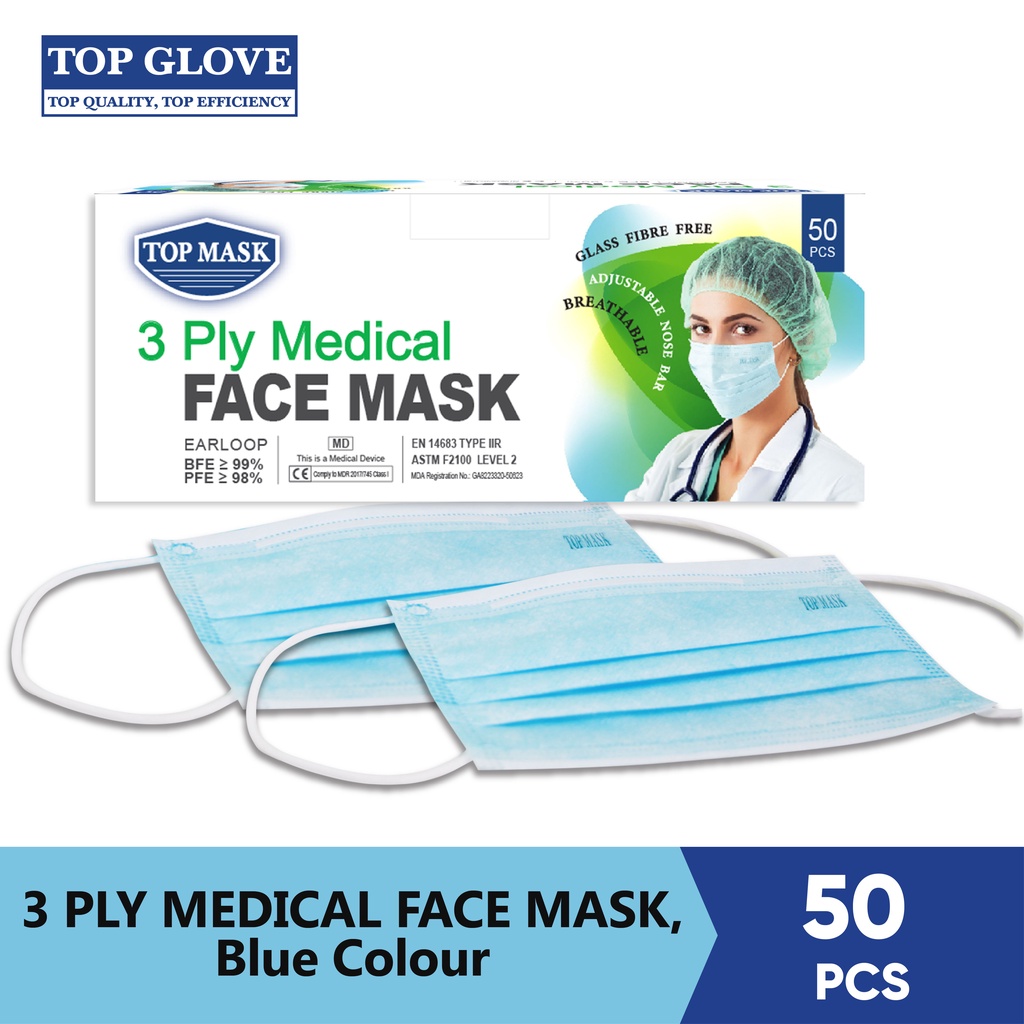 Top Glove Top Mask 3 Ply Adult Medical Earloop Face Mask, Blue|50 Pcs ...