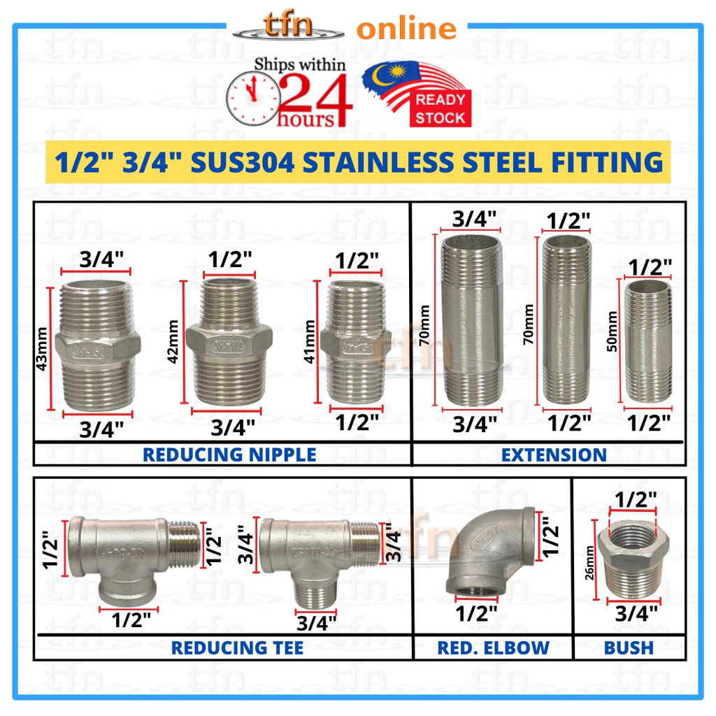 STAINLESS STEEL SUS304 ELBOW ,SOCKET,NIPPLE,TEE,EXTENSION 1/2''(15mm ...