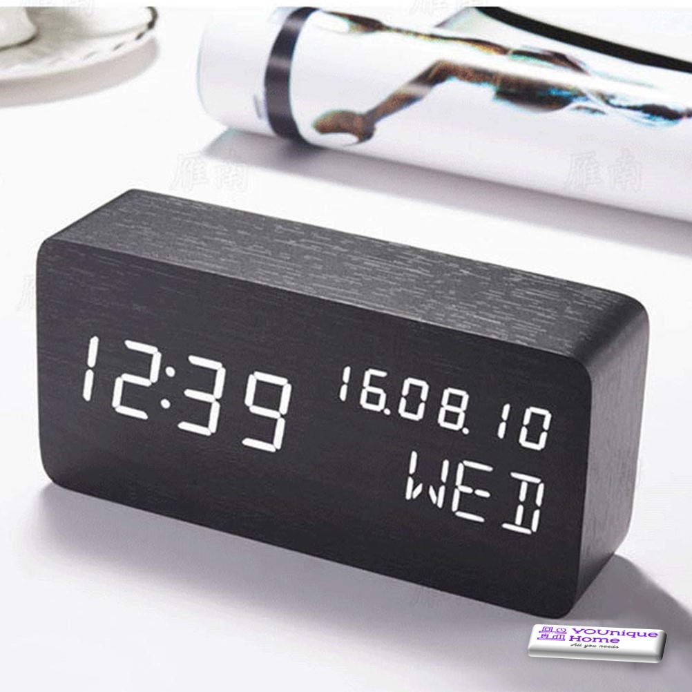 Table Desk Clock Sound Control Desktop Glowing Alarm Clock Wooden ...