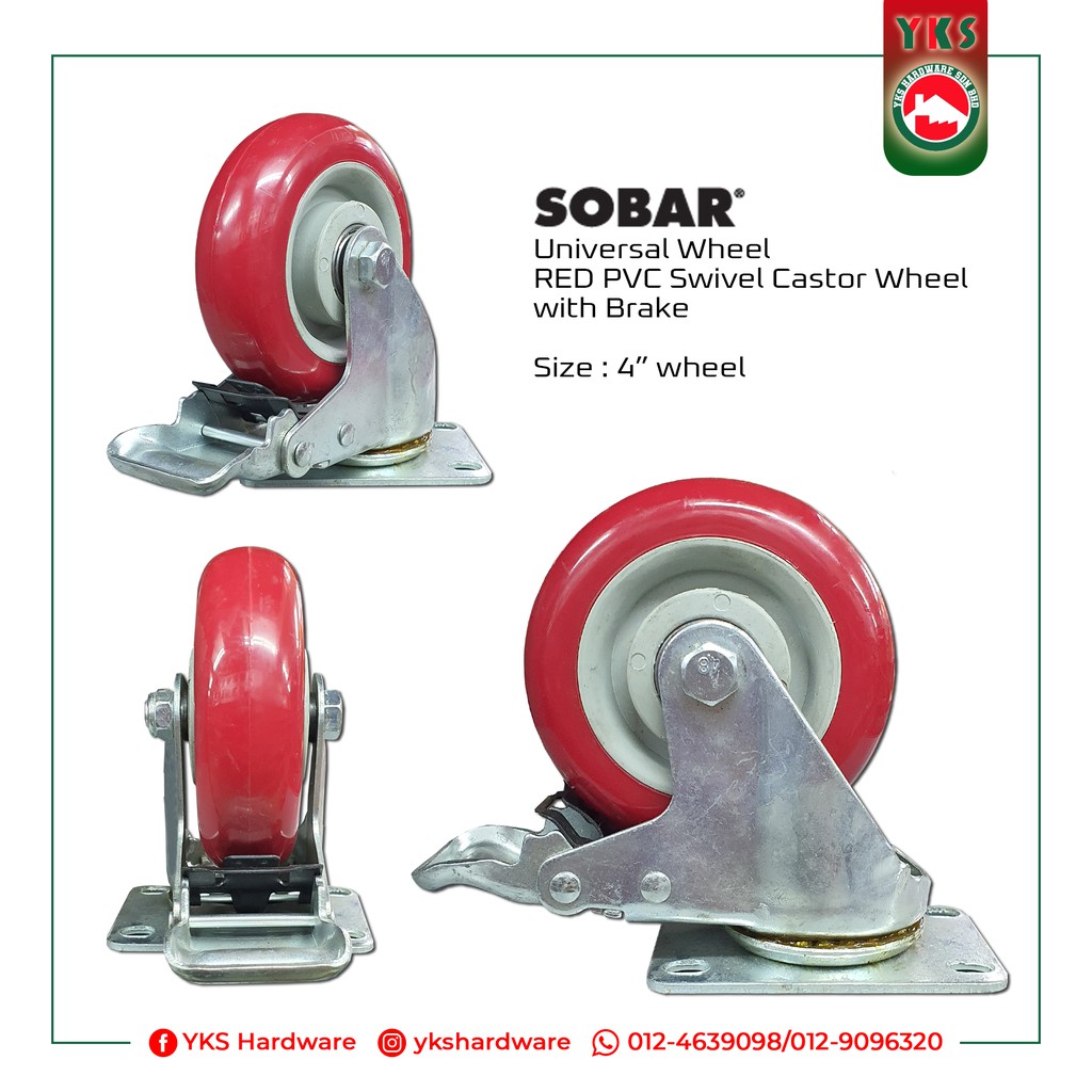 SOBAR 4" Red PVC Swivel Castor Wheel with Brake - Roda Tayar PVC Merah ...