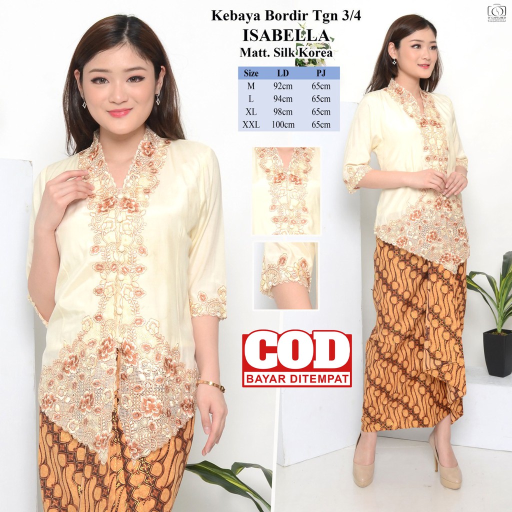 Luxurious Modern Embroidered Kebaya Top 3/4 Sleeves Cream Color ...