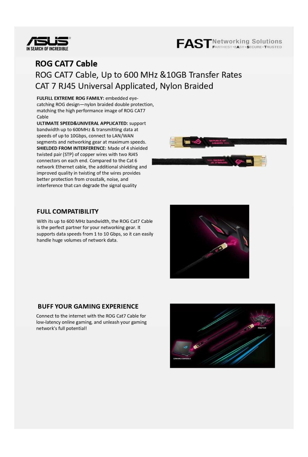 ASUS ROG 3M CAT 7 Cable - Up to 600 MHz &10GB Transfer Rates CAT 7 RJ45 ...