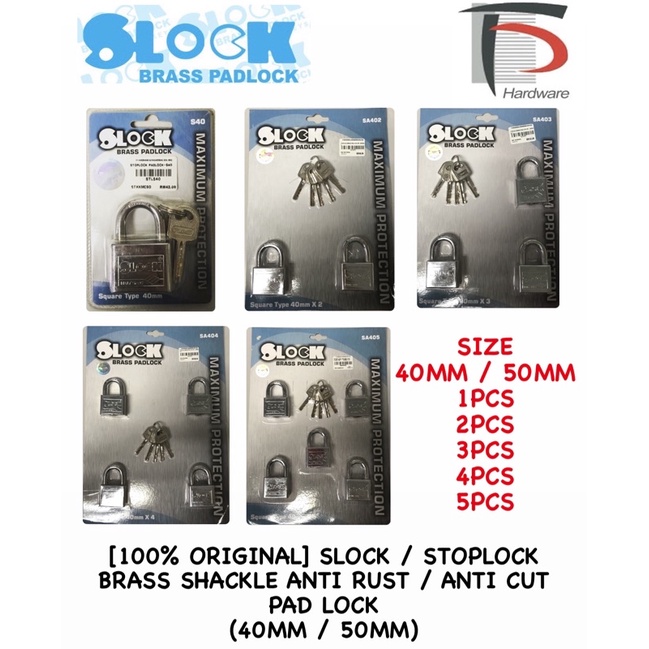[100% ORIGINAL] SLOCK / STOPLOCK BRASS SHACKLE ANTI RUST / ANTI CUT PAD LOCK (50MM) | Shopee ...