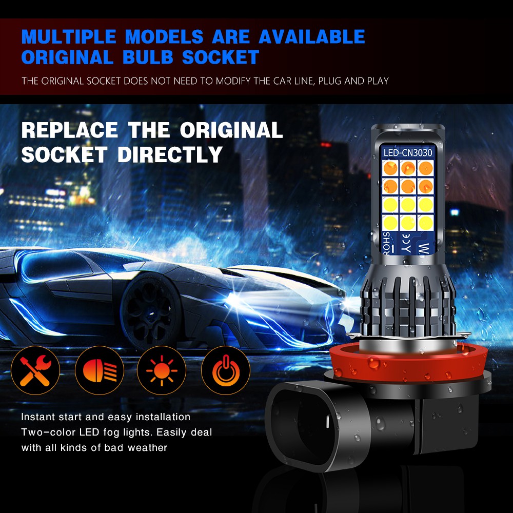 2Pcs 24SMD Auto Fog Lamp Two-Color LED Car Light H8 H11 H3 H4 H7 9005 HB3 9006 HB4 H16 P13W Day ...