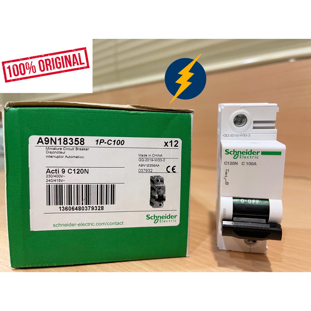 Schneider A9N18358 Miniature circuit-breaker, Acti9 C120N, 1P, 100 Amp , C curve 10kA | Shopee ...