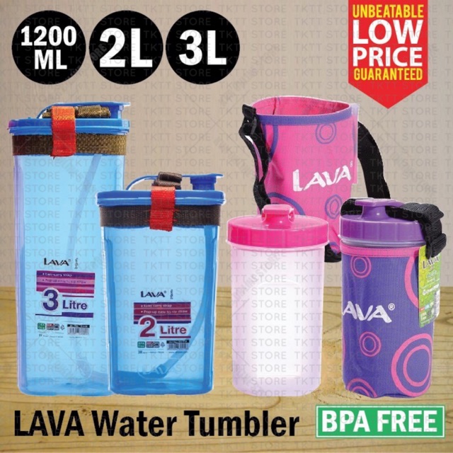 TKTT 1.2L 2L 3L Lava BPA Free Water Tumbler Bottle Straw & Strip Bag Mineral Carrier Tupperware ...