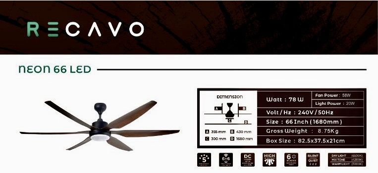 Deka Recavo Ceiling Fan (66 Inch) 6+6 Speed LED Lighting 3 Color Remote ...