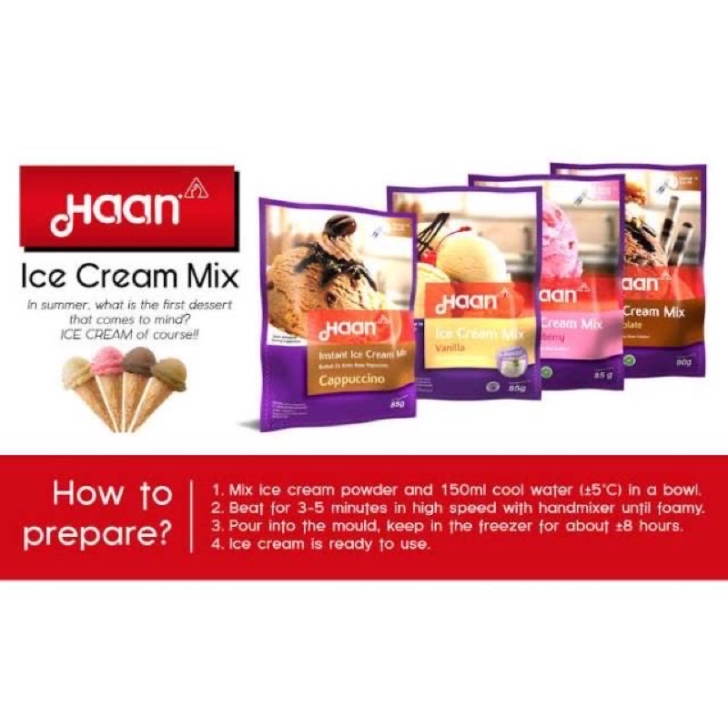 HAAN INSTANT ICE CREAM MIX SACHET 85-90GR (ICE CREAM Powder Flour ...