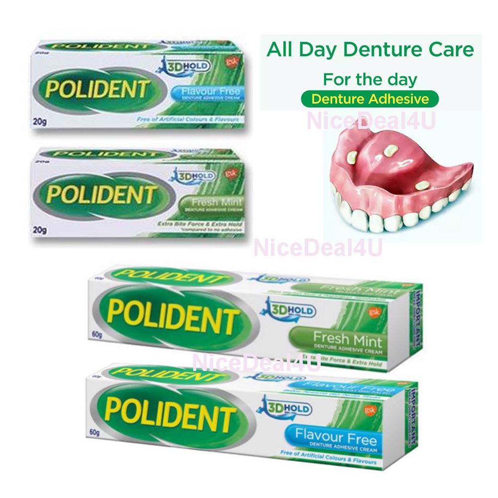 POLIDENT Denture Adhesive Cream 20g/60g Flavour-Free/Fresh Mint Strong ...
