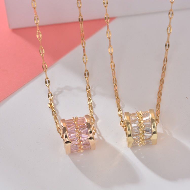 MQJEWELRY Korean Style Chain Pendant Necklace Pink Zircon Double Row ...