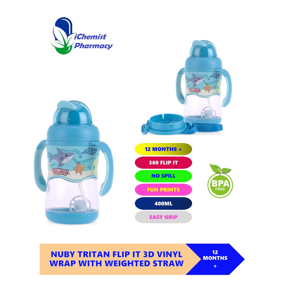 (NB10457) NUBY TRITAN FLIP IT 3D VINYL WRAP WITH WEIGHTED STRAW 400ML (12+ MONTHS) Baby Bottle ...