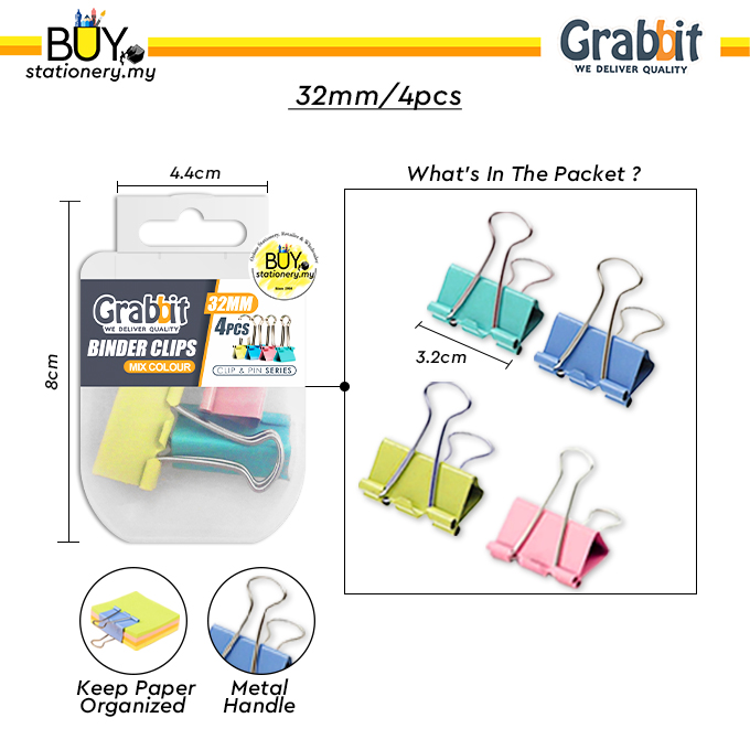Grabbit Mix Colour Binder Clip 32mm 25mm 19mm 15mm -(BOX) Paper Clip ...