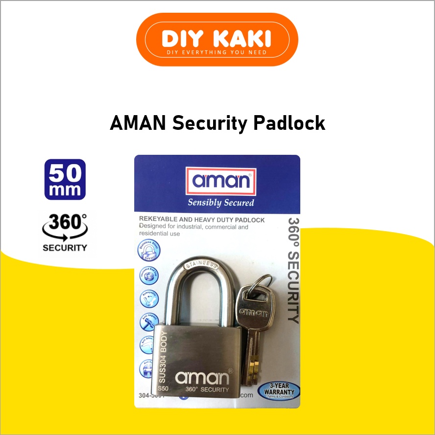 AMAN 304-5001 Stainless Steel Heavy Duty Padlock | Lock | Kunci Mangga 50mm | Shopee Malaysia