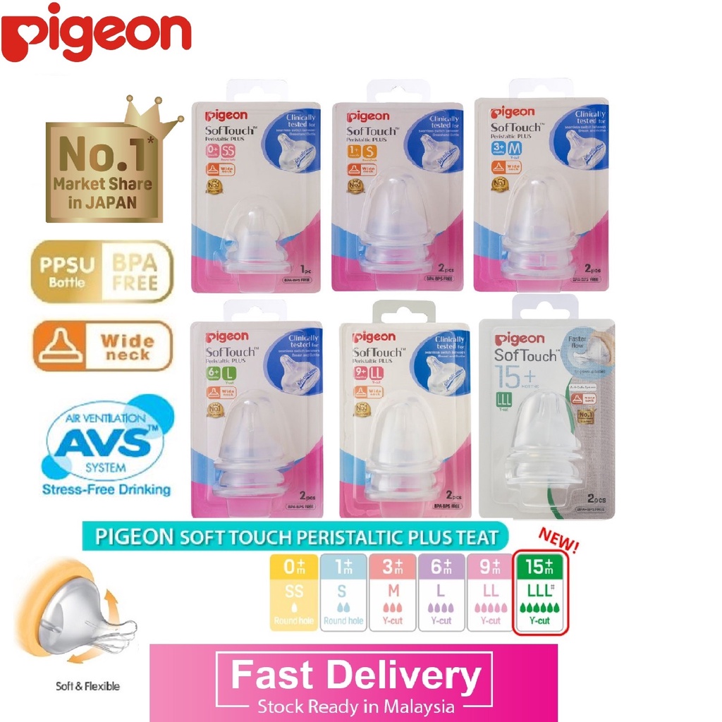 Pigeon Wide Neck SofTouch™ Peristaltic Plus Nipple Size SS 0m+ / S 1m+ / M 3m+ / L 6m+ / LL 9m ...