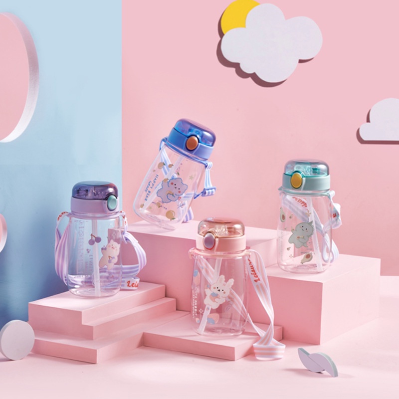 660ML Kids Water Bottle Cute Cartoon Drinking Bottle with Straw and Strap BPA Free Botol Air ...