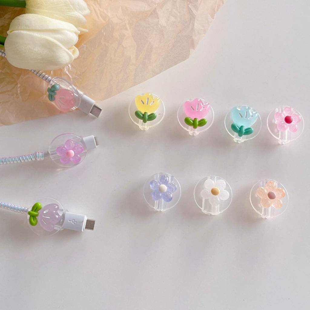 Casing for USB Cable Bite Protector Data Line Cord Flowers Tulip (10 Styles) Laser Color Bear ...
