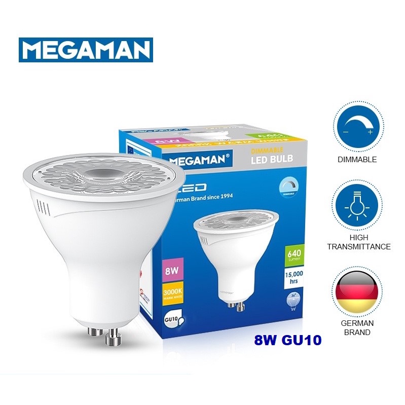 Megaman 8W GU10 DIMMABLE LED Light Bulb (3000K-Warmwhite) Tracklight ...