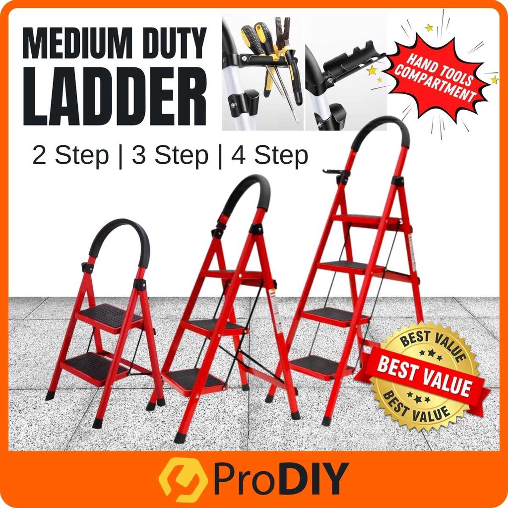 MEDIUM DUTY 2 / 3 / 4 Steps Foldable Steel Ladder Lightweight ...