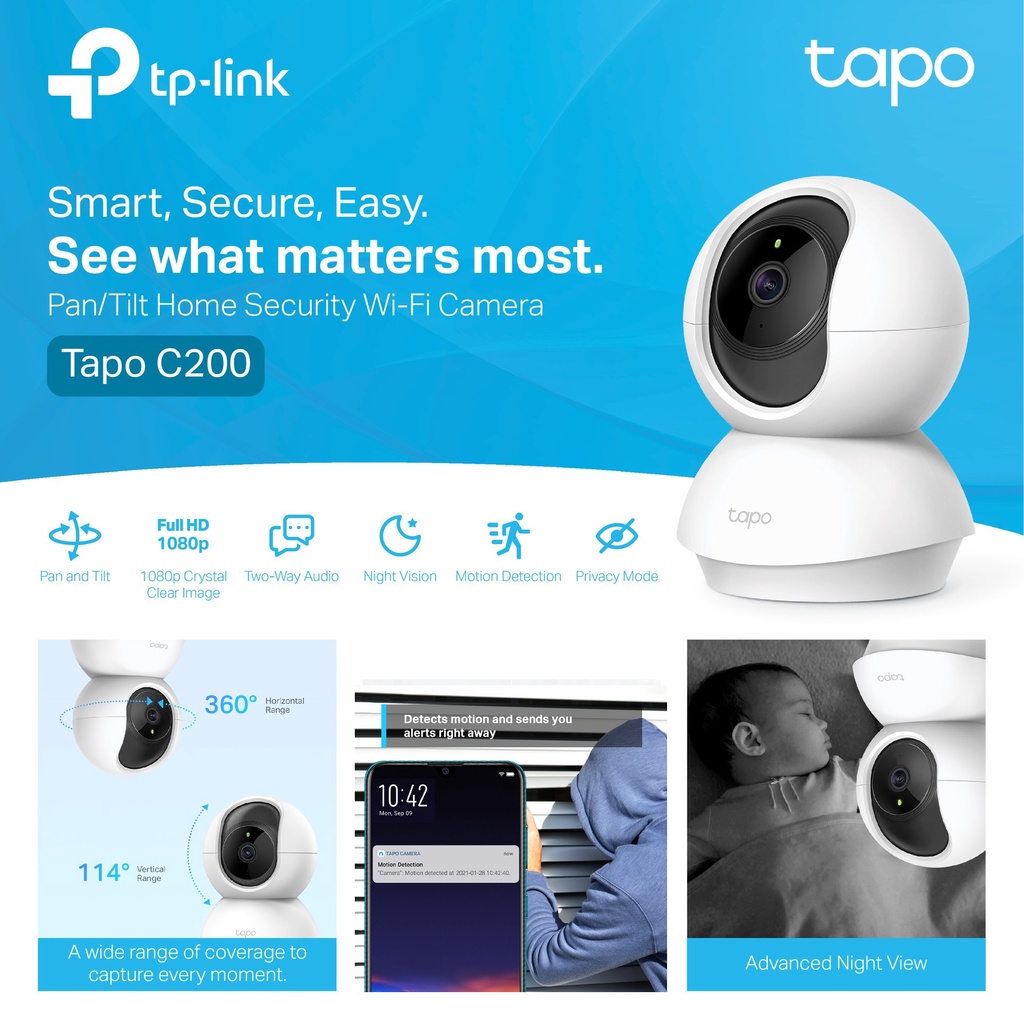 TP-Link Tapo C200 / C200C 1080P FHD Pan & Tilt CCTV & Wireless Home IP ...