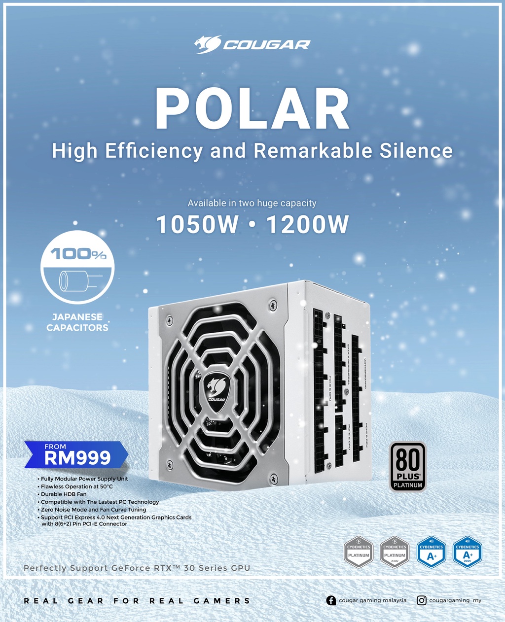 COUGAR POLAR 80PLUS PLATINUM JAPANESE Capacitors Desktop PC White Power ...