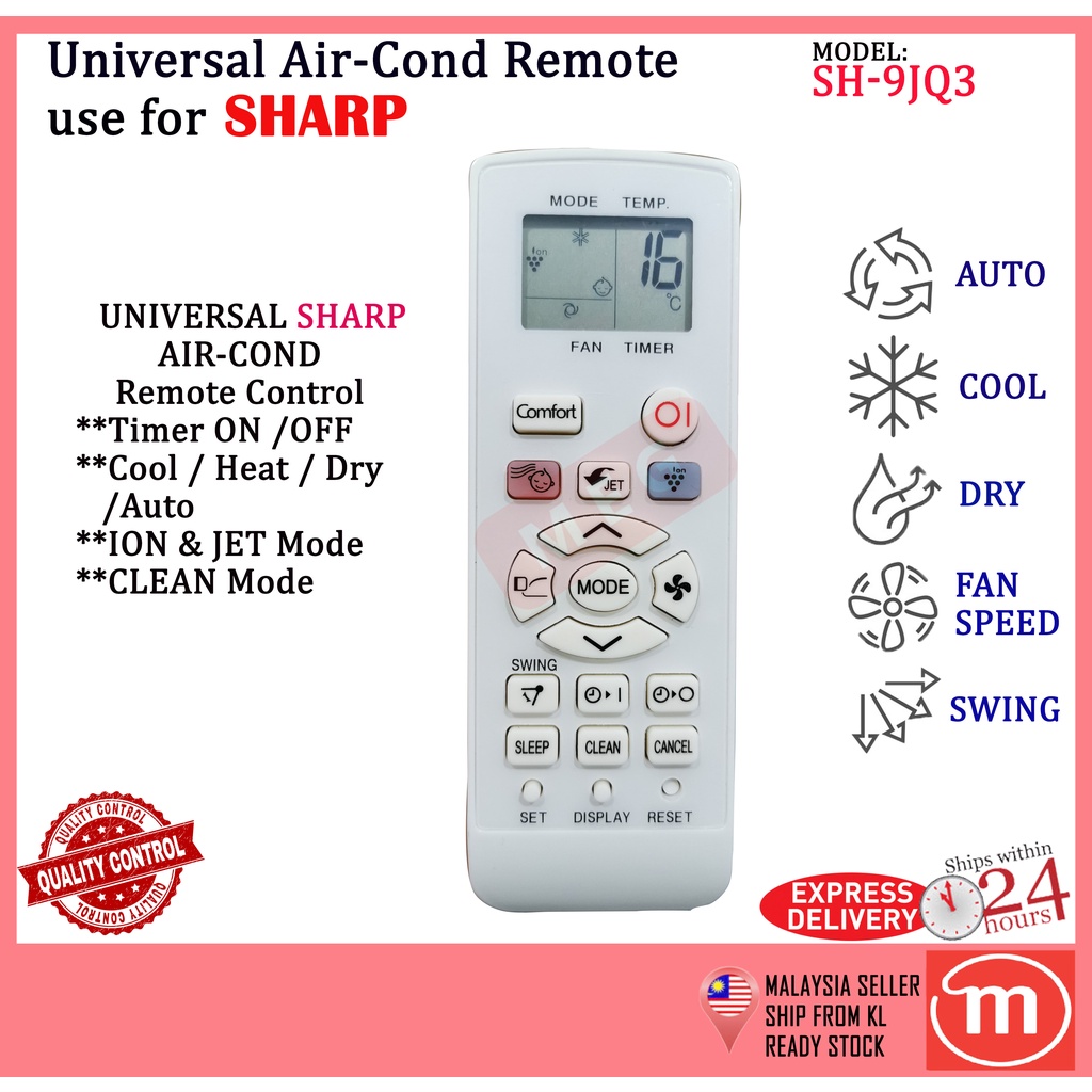 SHARP AIR COND REMOTE CONTROL JET ION REPLACEMENT (SH-9JQ3) AIRCOND ...