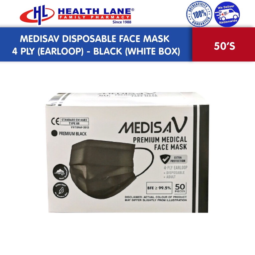 Medisav Disposable Face Mask 4 Ply - Black/White (50's) | Shopee Malaysia