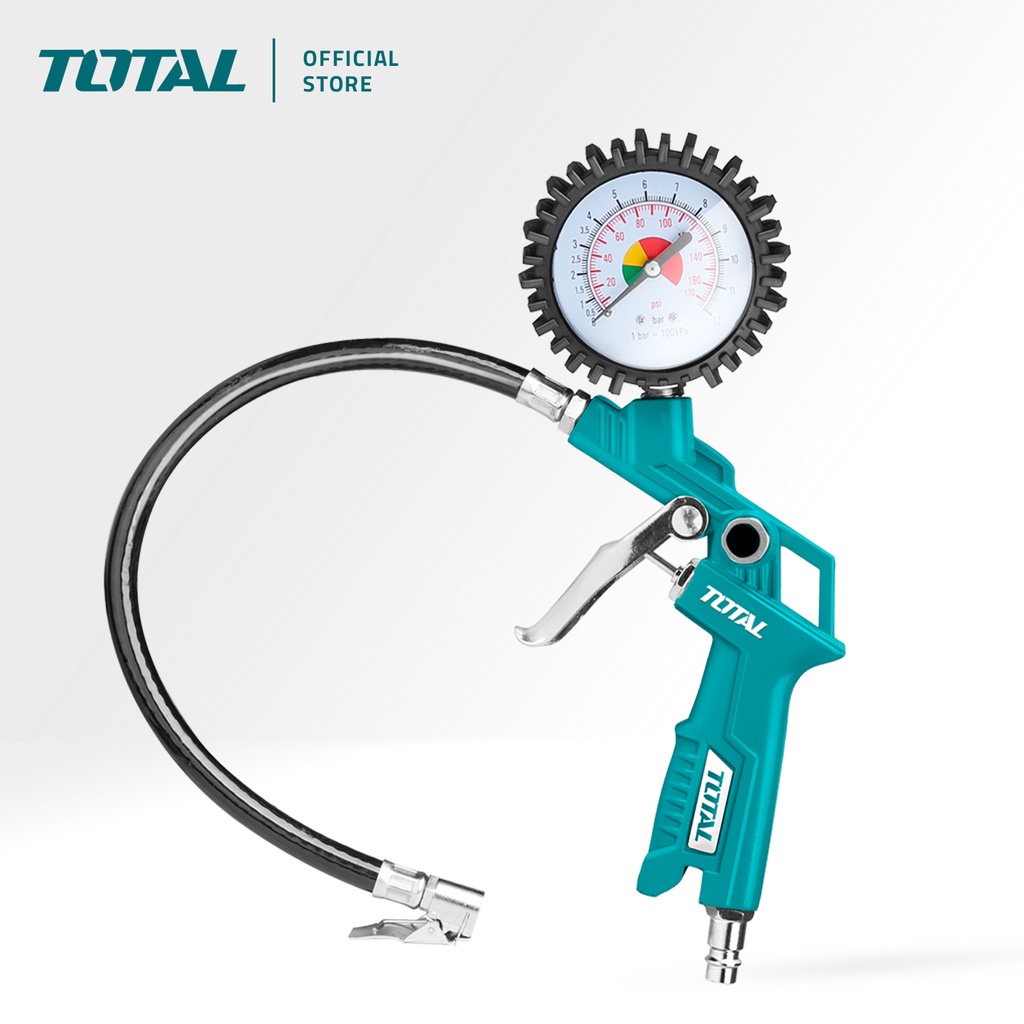 TOTAL Air Tyre Inflating Gun With Flexible Hose + Pressure Gauge For ...