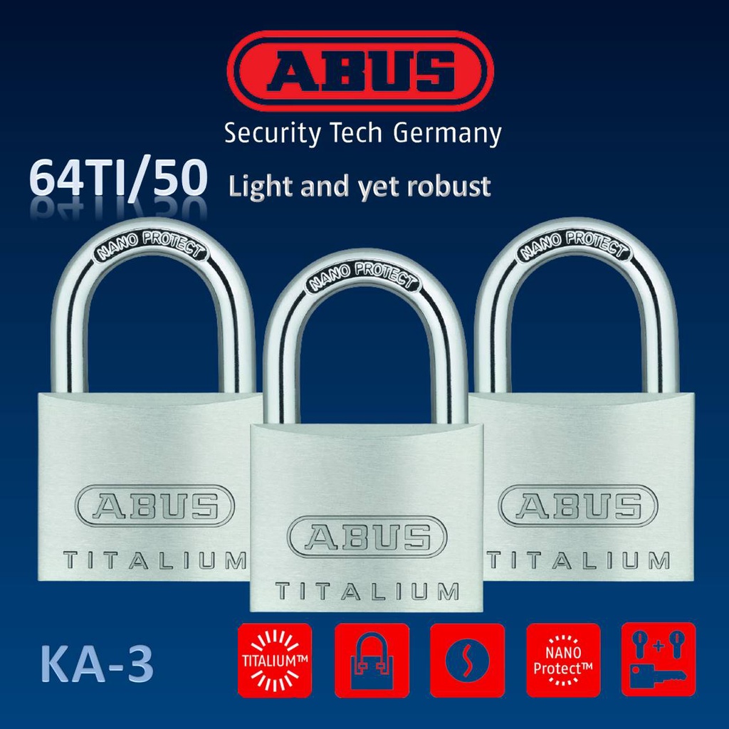 ABUS 64TI 50mm NANO PROTECT™ TITALIUM™ PADLOCK with KEY ALIKE SYSTEM ...
