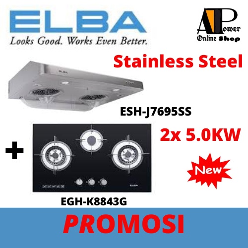 (Factory Direct) ELBA 900m3/hr TWIN MOTORS SLIM COOKER HOOD ESH-J7695SS + ELBA EGH-K8843 GALSS ...