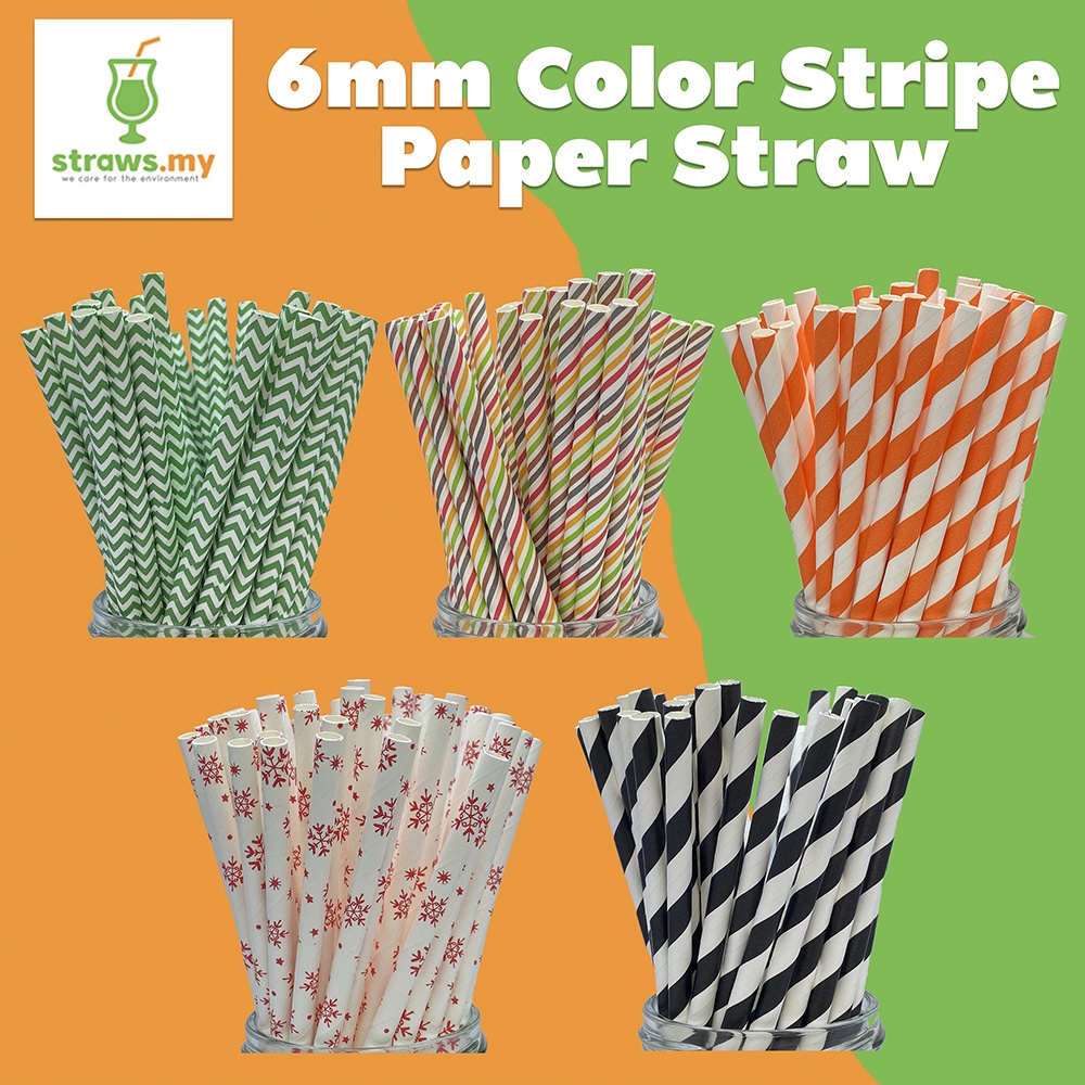 6mm Colour Stripe Paper Straws (100pcs) - Flat End | Straw Kertas Warna ...
