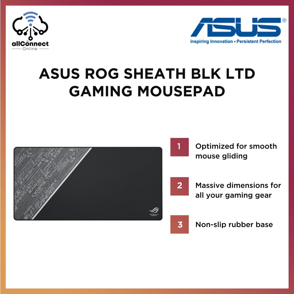 ASUS ROG Sheath Blk Ltd Gaming Mouse Pad Black With Nonslip Rubber Base, Anti-Fraying Stitched ...
