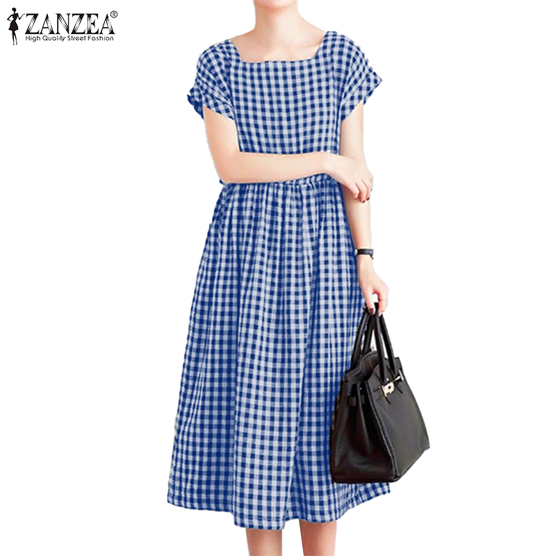 Zanzea Womens Fashion Short Sleeve Casual Plaid Check Midi Dress